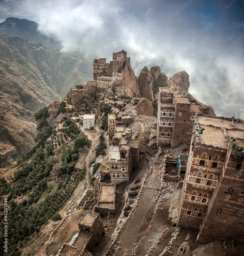 Traditional mountain village in Eastern Haraz Yemen Stock Photo | Adobe ...