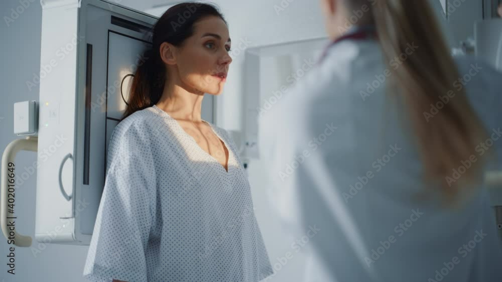 Hospital Radiology Room: Beautiful Multiethnic Woman in Medical Gown ...
