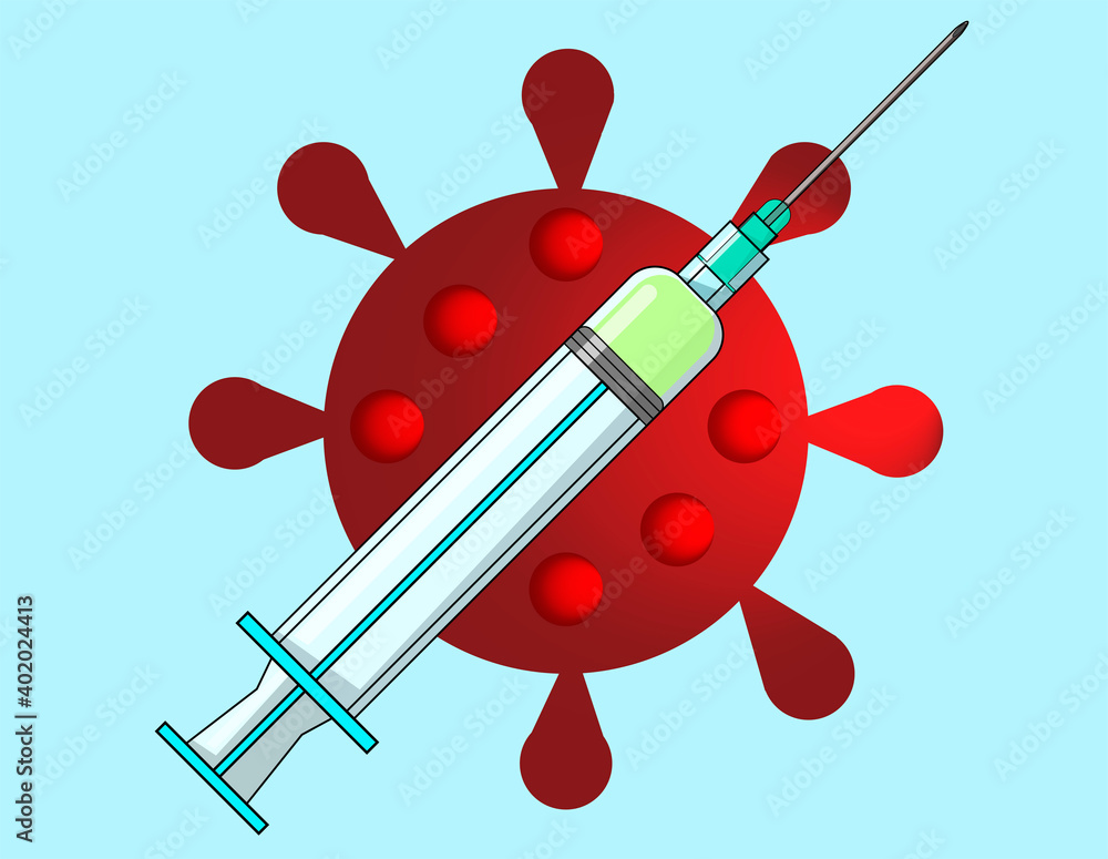 Design of blue syringe with needle and light green liquid inside as a ...