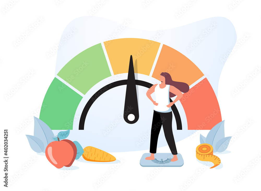Woman and obese chart scales isolated flat vector illustration. Cartoon ...