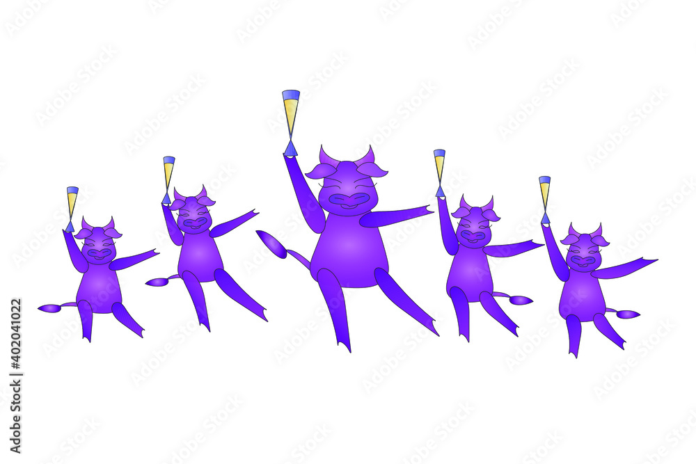 A bull and four cows with and without glasses of champagne are swimming in glasses dancing Stock ...