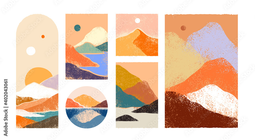 Big set of abstract mountain landscape collection. Trendy hand drawn ...