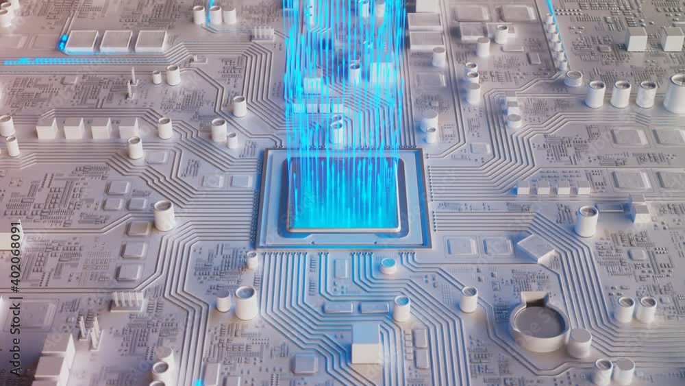 Data flow in a motherboard in pc. Processor among circuits and ...