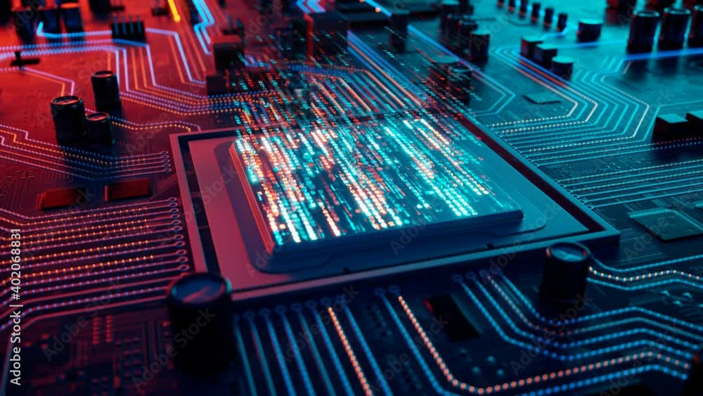 Data flow in a motherboard in pc. Processor among circuits and ...