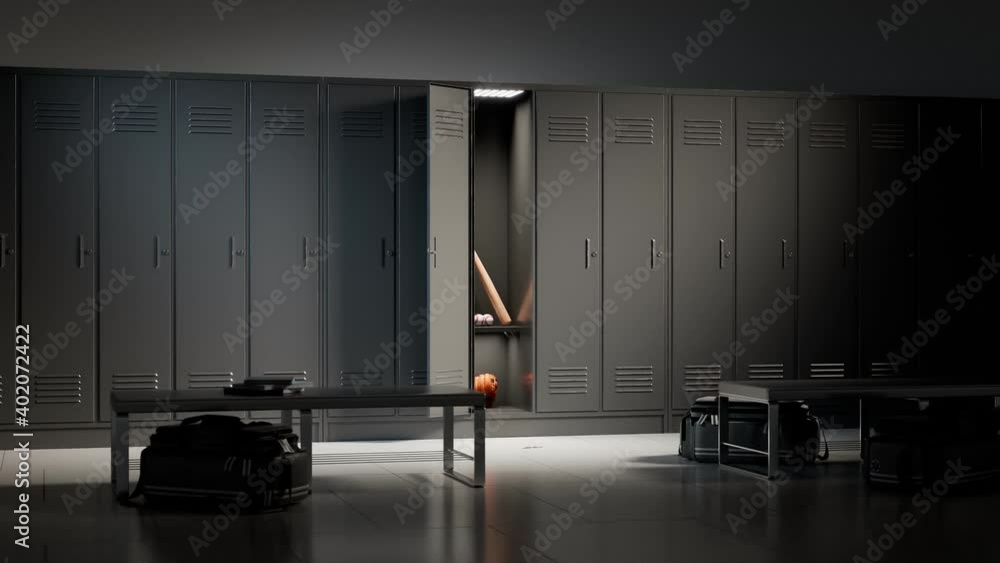 School changing room interior. Dressing room with grey lockers in a ...