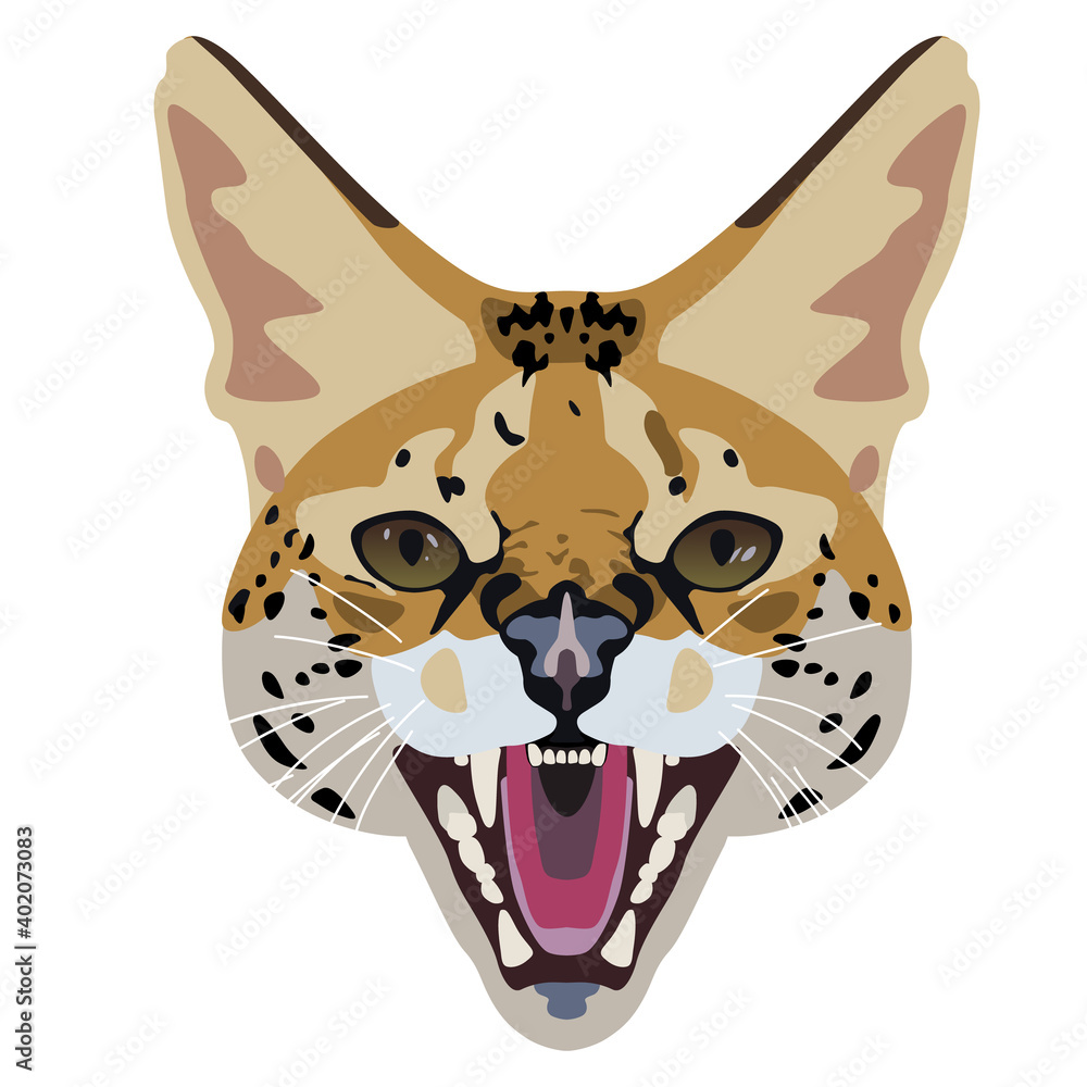 Stylized face of serval. Flat cartoon style. Angry wild cat with open ...