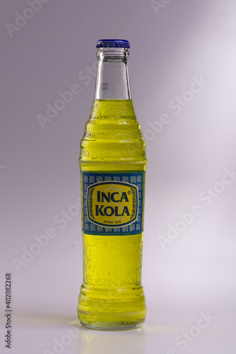 LIMA, PERU - CIRCA 2019: A classic glass bottle of Inca Kola soda drink ...