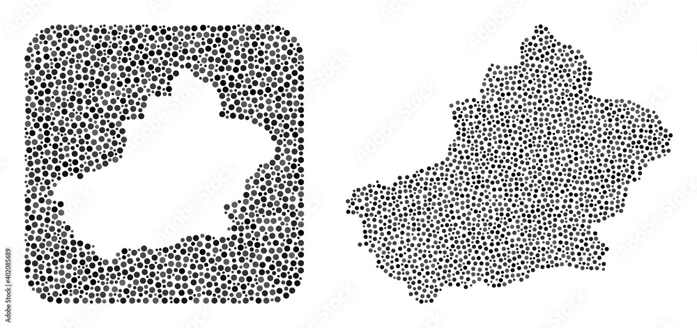 Map of Xinjiang Uyghur Region mosaic created with spheric items and cut ...