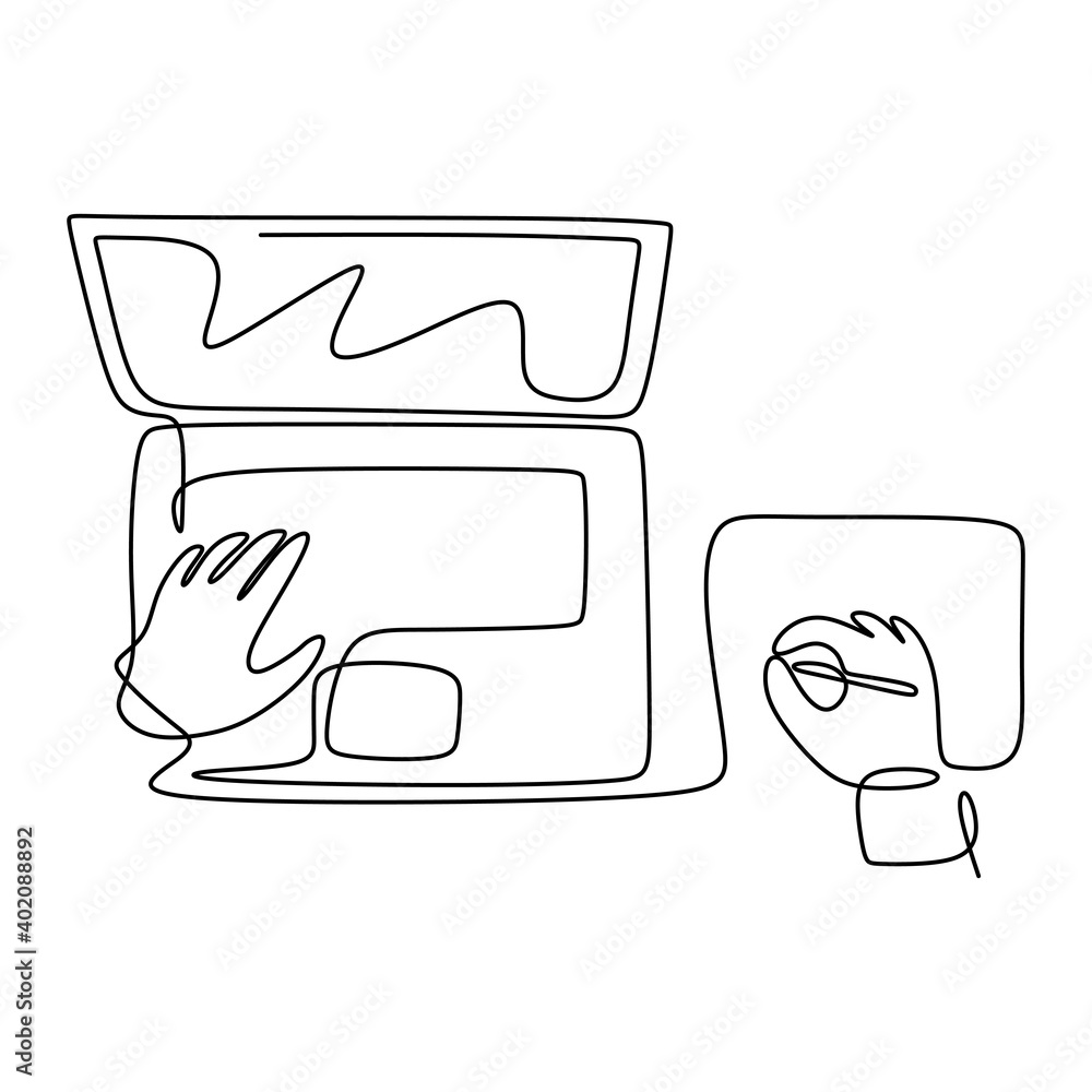 Continuous one line drawing of hand typing on laptop keyboard. A people ...