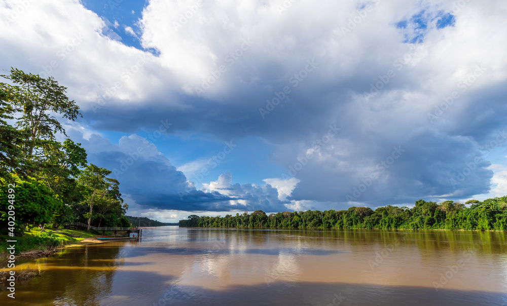 Sky Scenery River Forest Landscape In Suriname. Beautiful Nature With ...