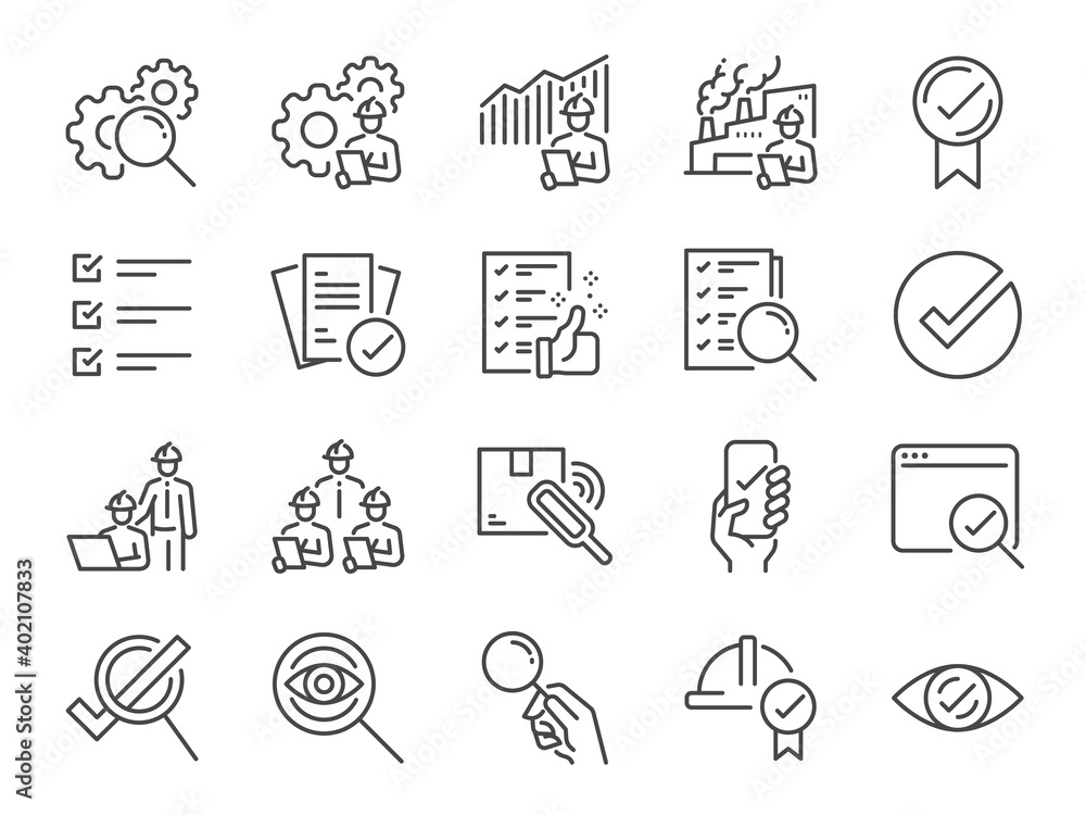 Inspection line icon set. Included the icons as inspect, QA, qualify ...