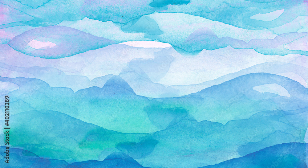 blue watercolor background.Watercolor landscape. Blue wave on the sea ...