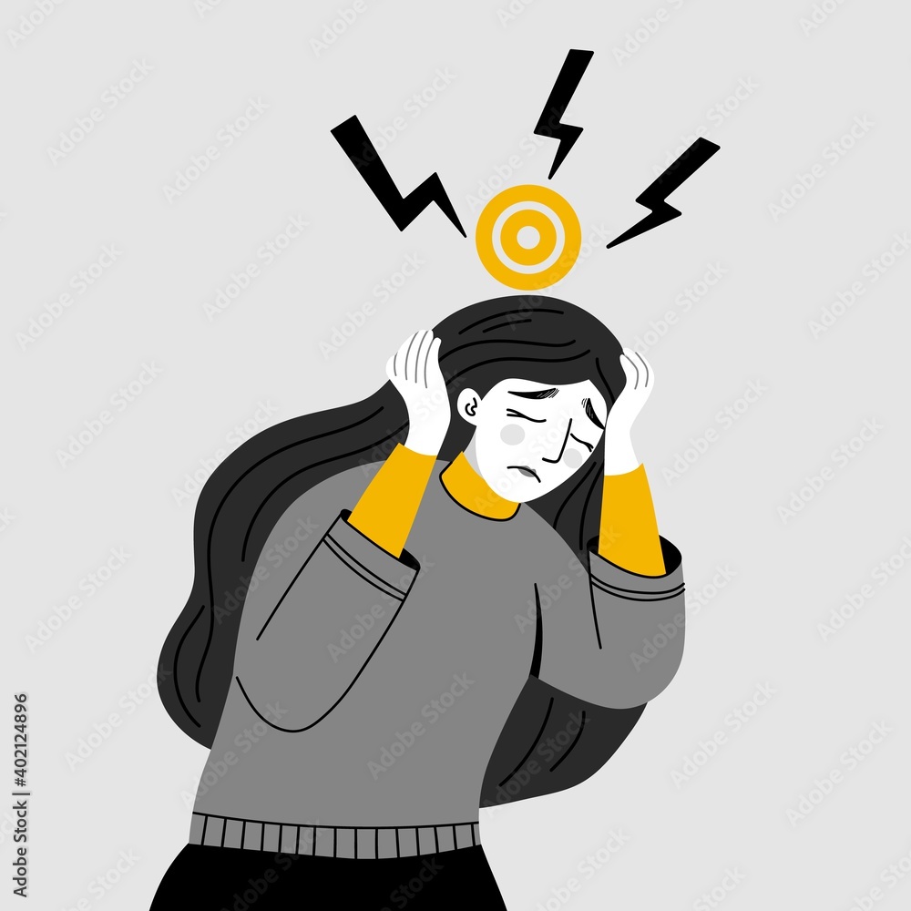 Girl having headache, migraine, chronic pain, fatigue. Flat character ...
