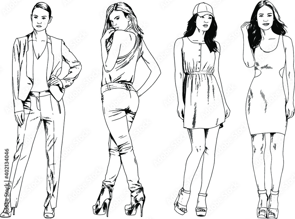vector drawings on the theme of beautiful slim sporty girl in casual ...