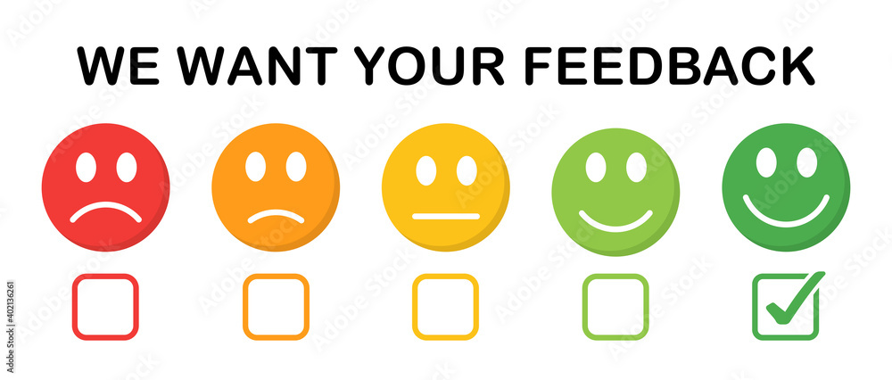 We want your feedback vector background. Five faces with emotions for ...