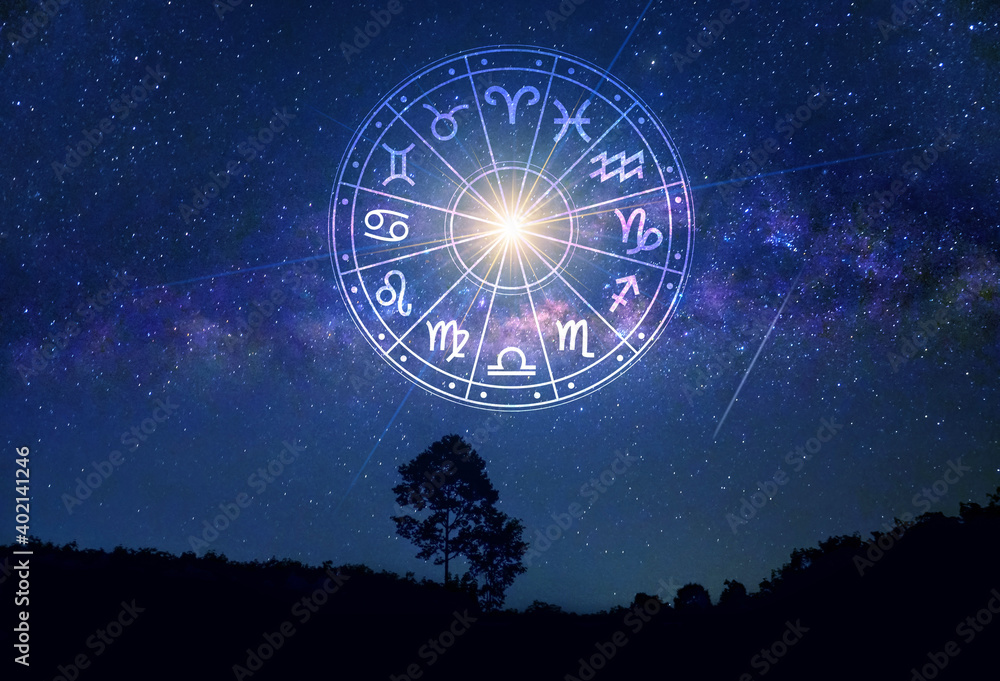 Zodiac signs inside of horoscope circle. Astrology in the sky with many ...
