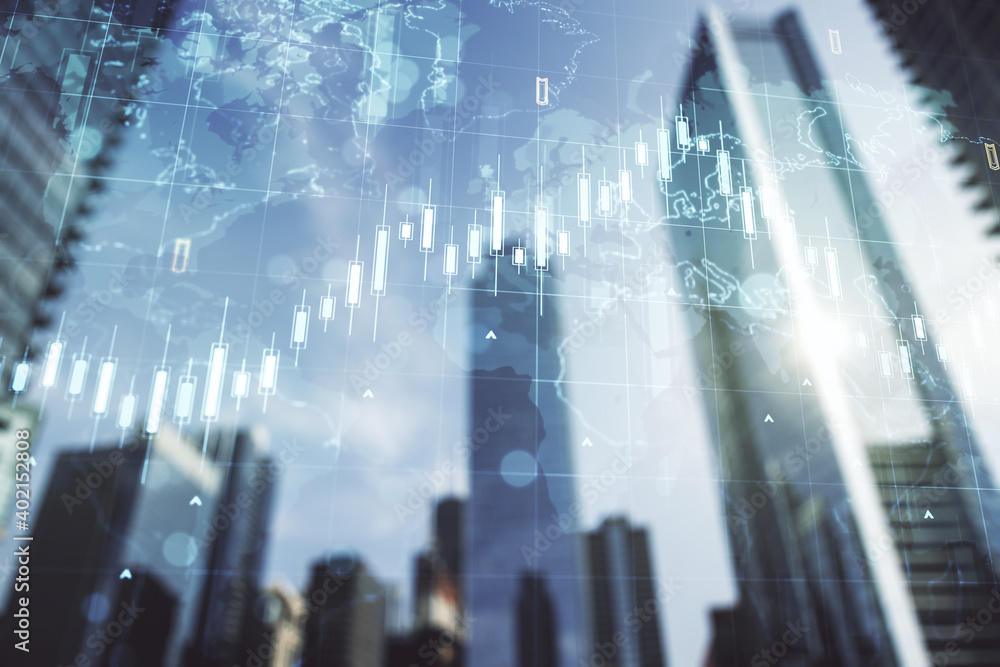 Double exposure of abstract financial graph with world map on office ...