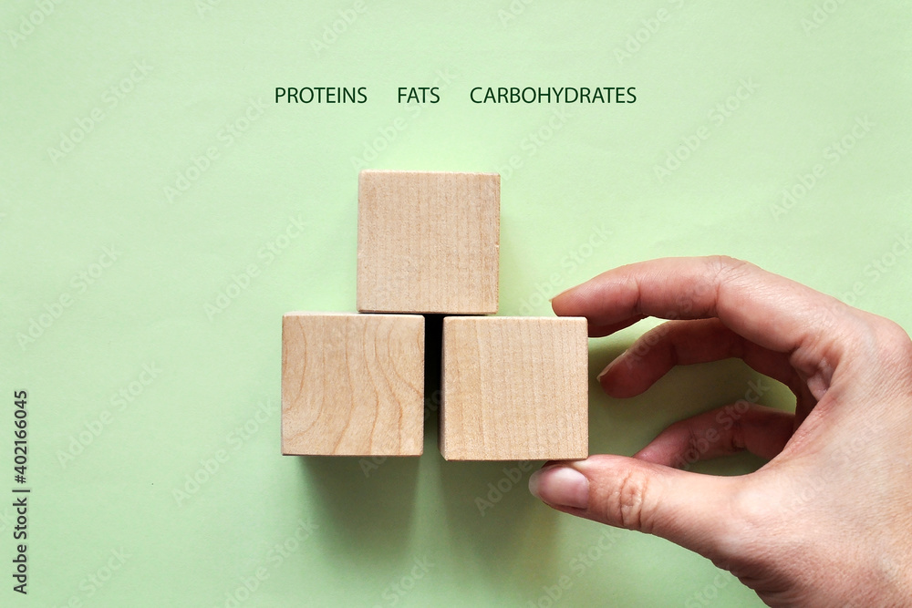 Wooden cubes in the form of a pyramid and the inscription: proteins ...