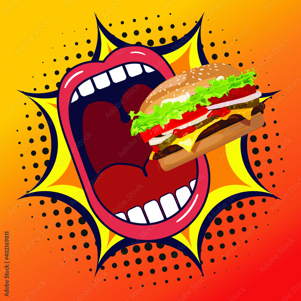 Large open mouth eating Sandwich on a dynamic background with gradient ...