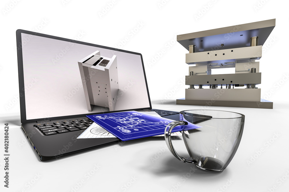 3D render image representing CAD development process plastic mold ...