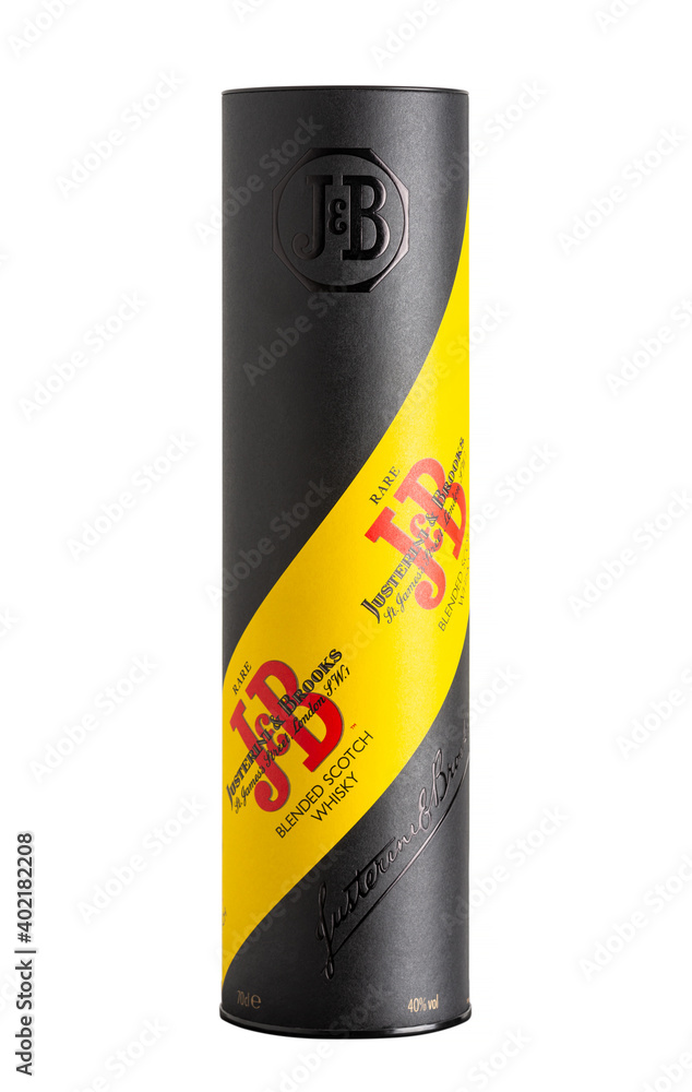 J&B Rare whisky round box isolated on white. The J&B Rare is a blended ...