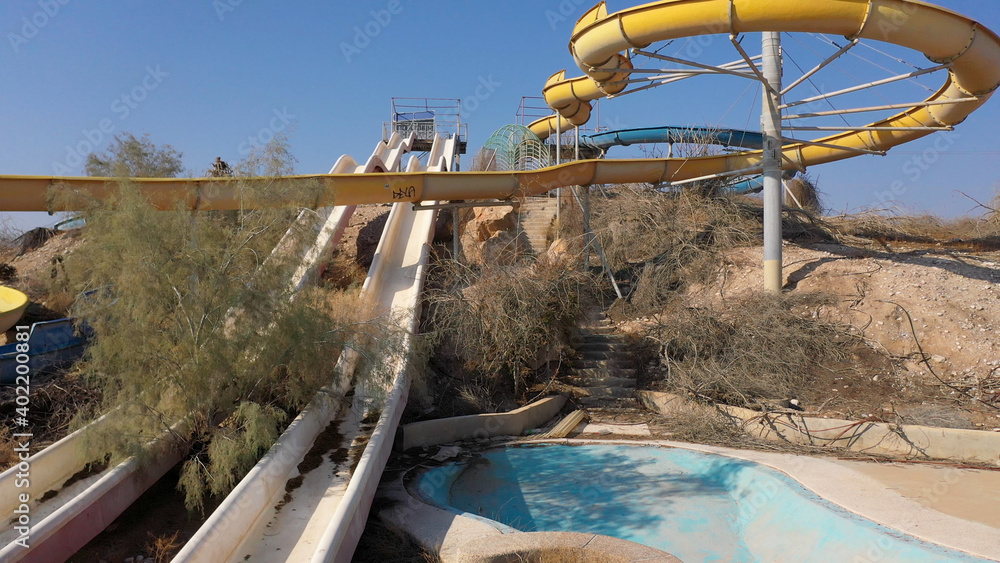 Closed Abandoned water park Aerial view, Dead sea, Israel apocalyptic ...