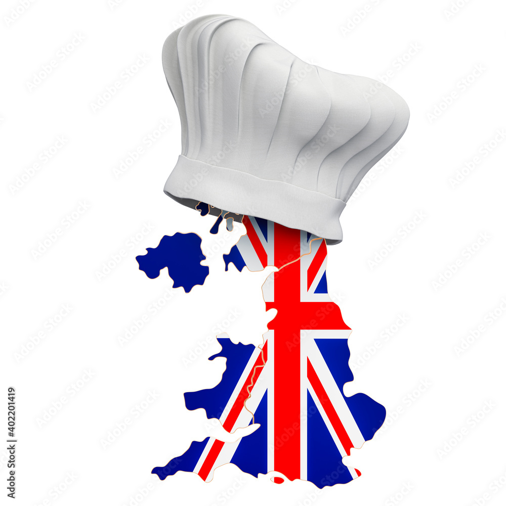 British national cuisine concept. Chef hat with map of the United ...