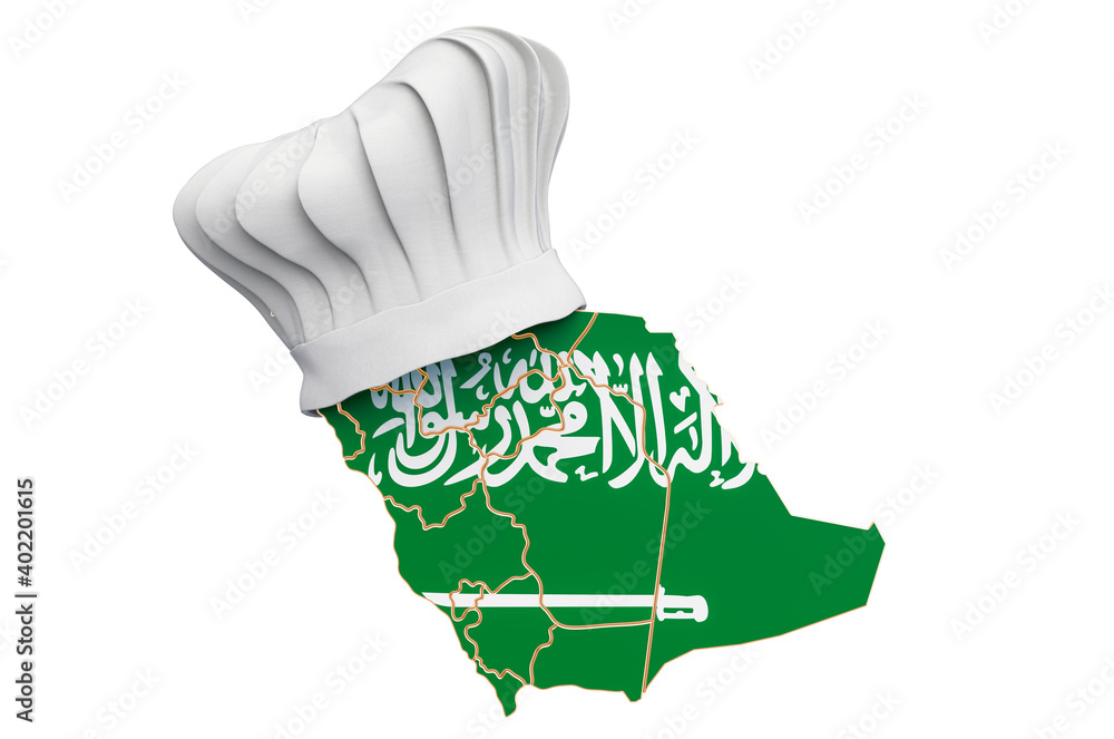 Saudi Arabia national cuisine concept. Chef hat with map of Saudi ...