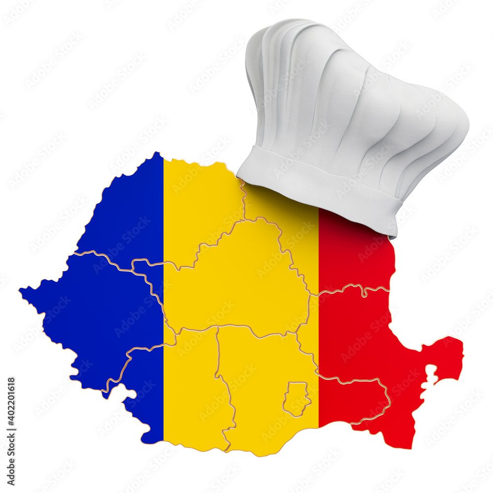 Romanian national cuisine concept. Chef hat with map of Romania. 3D ...