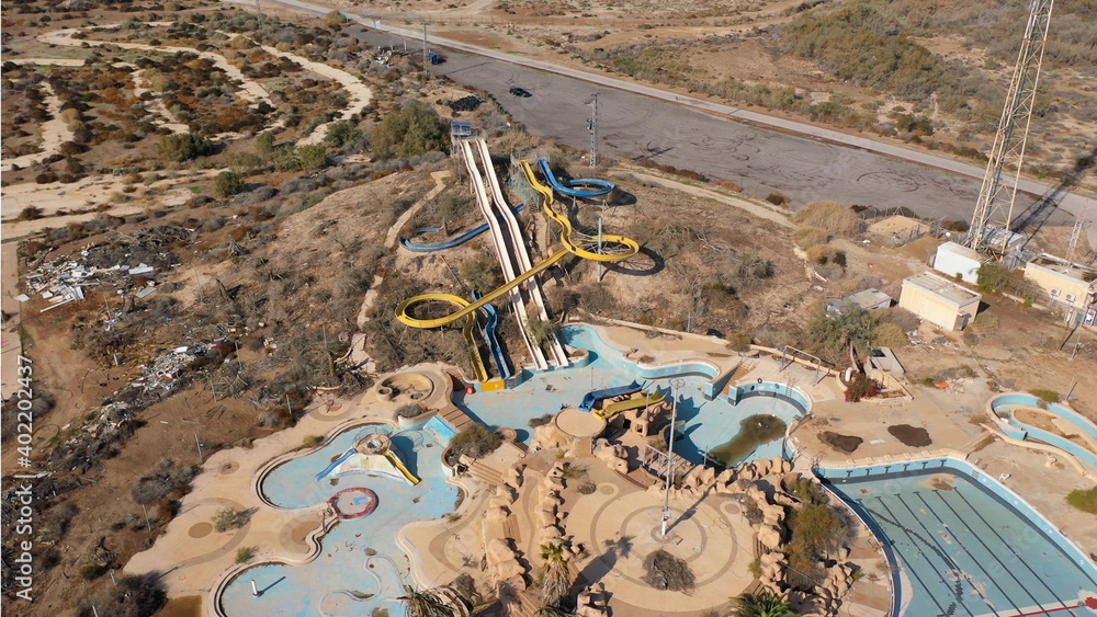 Closed Abandoned water park Aerial view, Dead sea, Israel apocalyptic ...