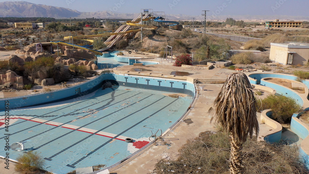 Closed Abandoned water park Aerial view, Dead sea, Israel apocalyptic ...