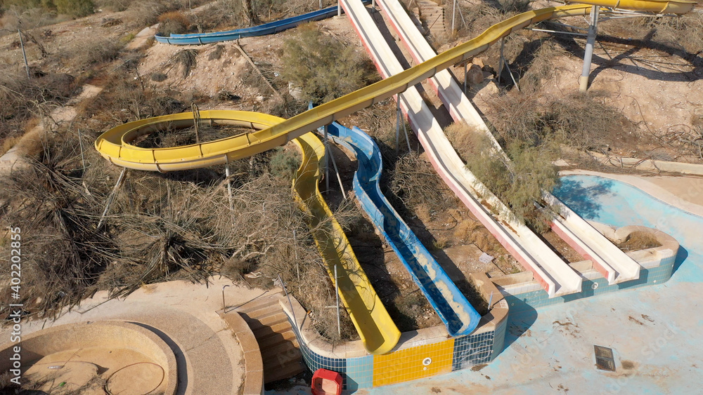 Closed Abandoned water park Aerial view, Dead sea, Israel apocalyptic ...