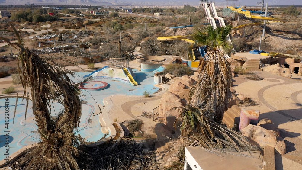 Closed Abandoned water park Aerial view, Dead sea, Israel apocalyptic ...
