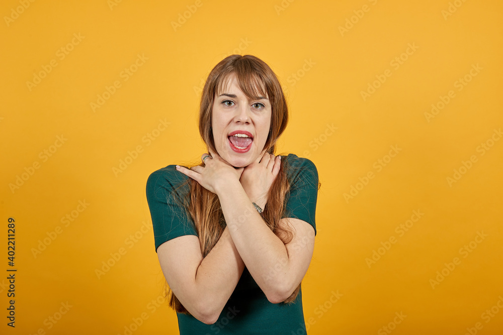 Hands around throat, screaming, panicking in trouble as chokes on food ...