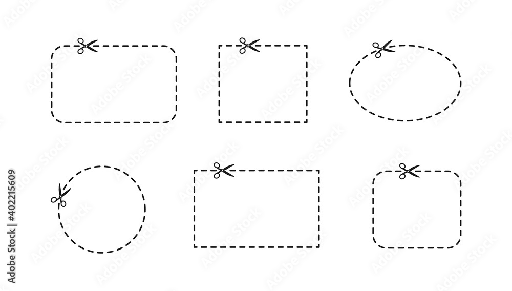Set of cutting scissors with cut lines for cutting paper in flat style ...