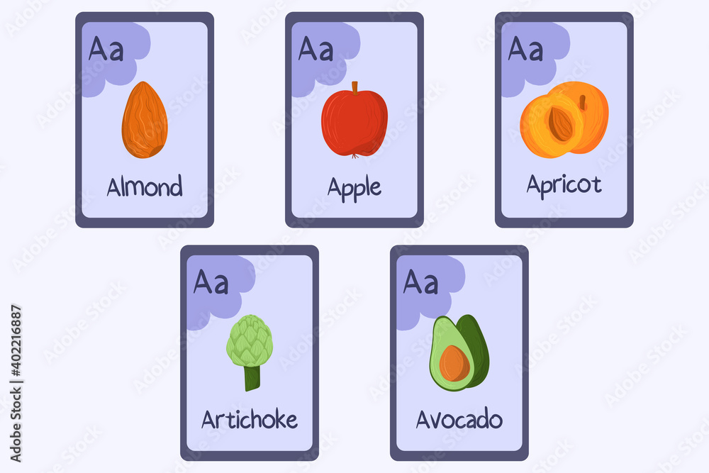Colorful Phonics flashcard Letter A - almond, apple, apricot, artichoke ...