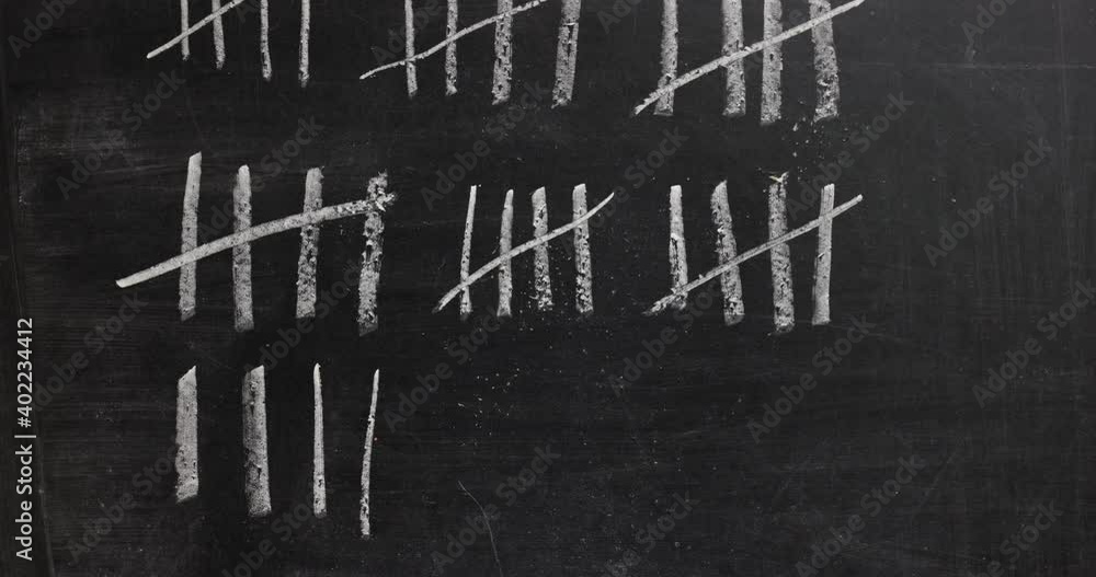 Drawing counting tally chart with chalk, marks in groups of five ...