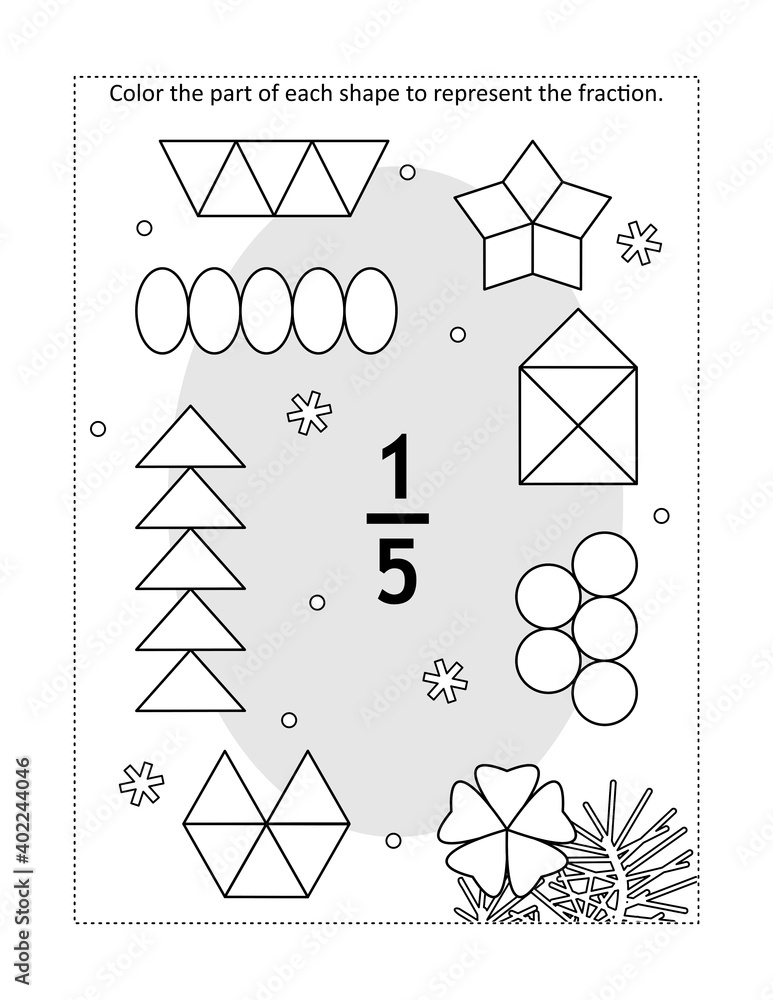 Math educational coloring page with a fraction and various shapes ...