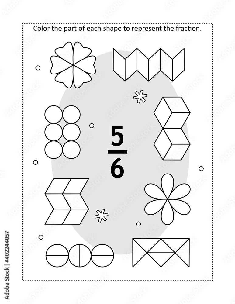 Math educational coloring page with a fraction and various shapes ...