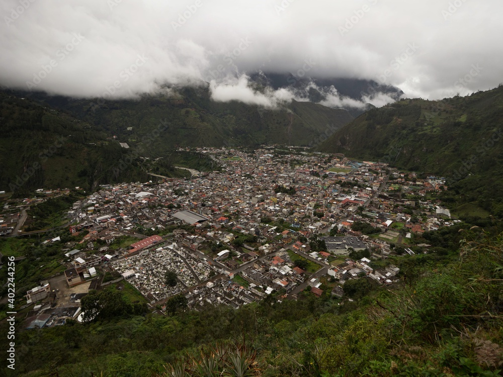 Andes tourist town thermal baths city Banos de Agua Santa seen from ...