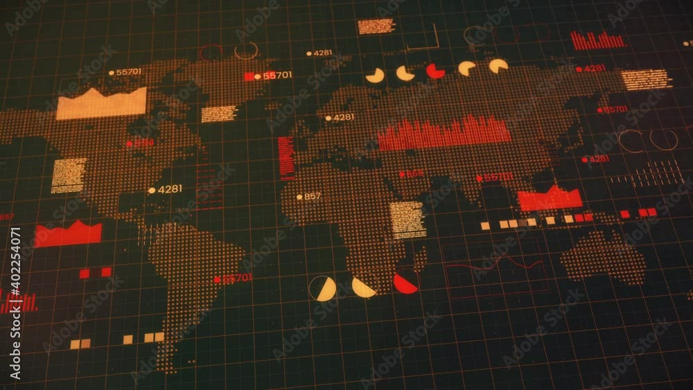 Digital world map with business statistics charts and graph elements ...