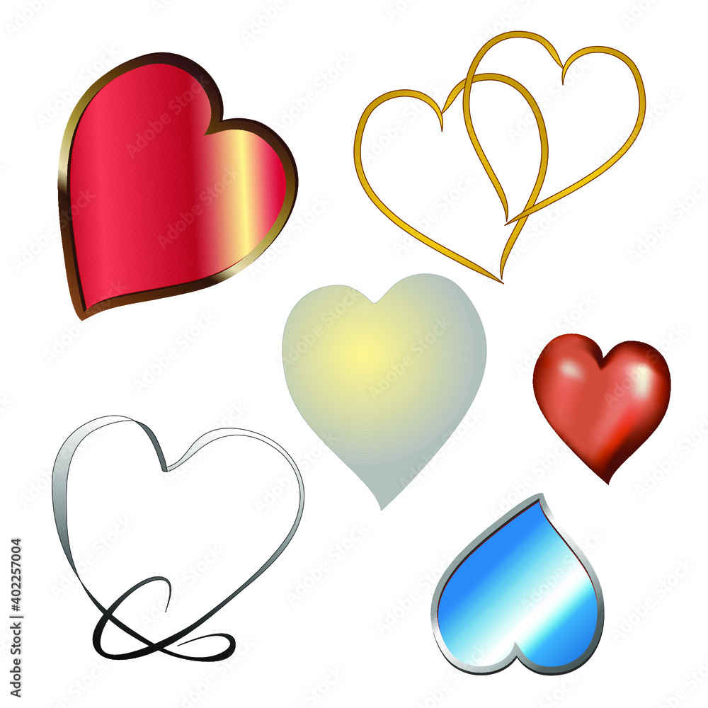 Set of six hearts in different styles.Realism,cartoon , stone and ...