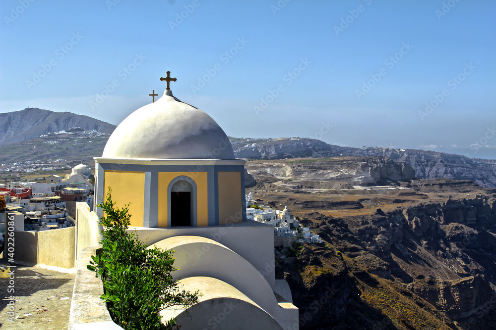 Tradicional greek church at santorini - Thera city Fira city landscape ...