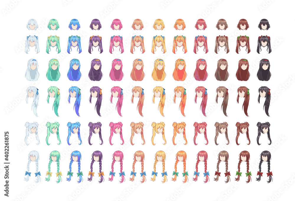 Anime manga multicolored hairstyles. Isolated hair set Stock Vector ...
