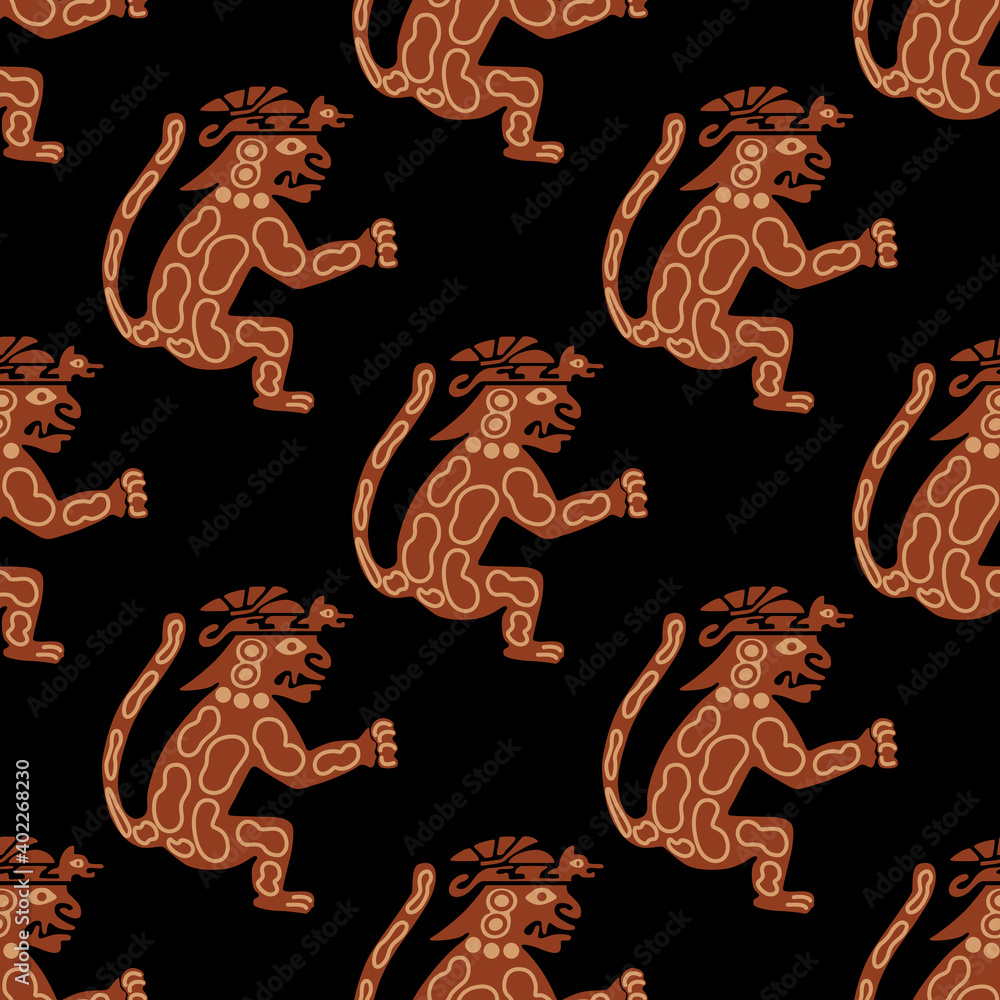 Seamless geometrical pattern with fantastic monster creatures. Ethnic ...