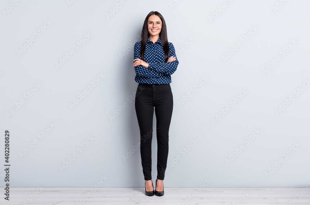 Full length body size view of lovely tall slender cheerful lady folded ...