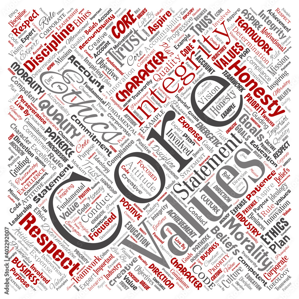 Vector conceptual core values integrity ethics square red concept word ...