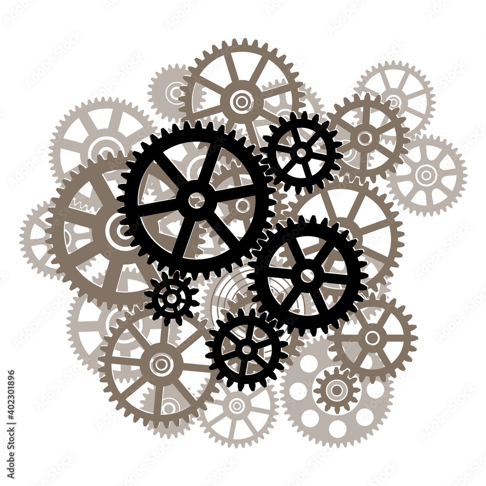 Cogwheel mechanism on a white background. Silhouettes of gears in sepia ...