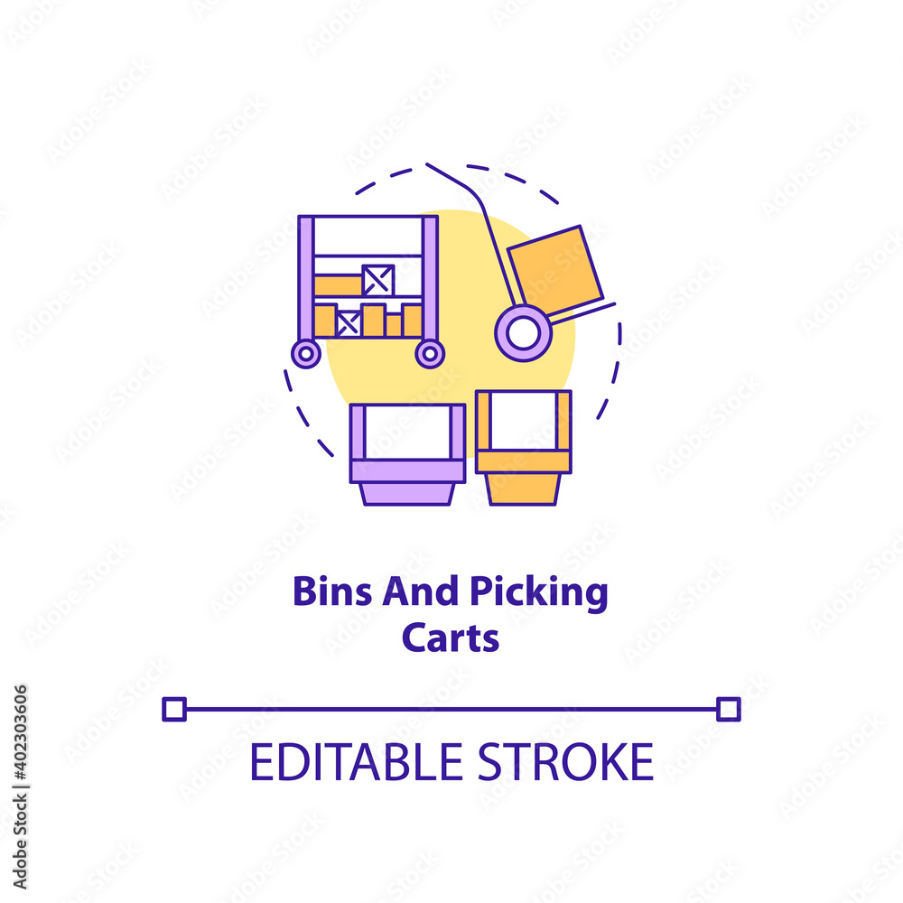 Vetor de Bins and picking carts concept icon. Key warehouse equipment ...