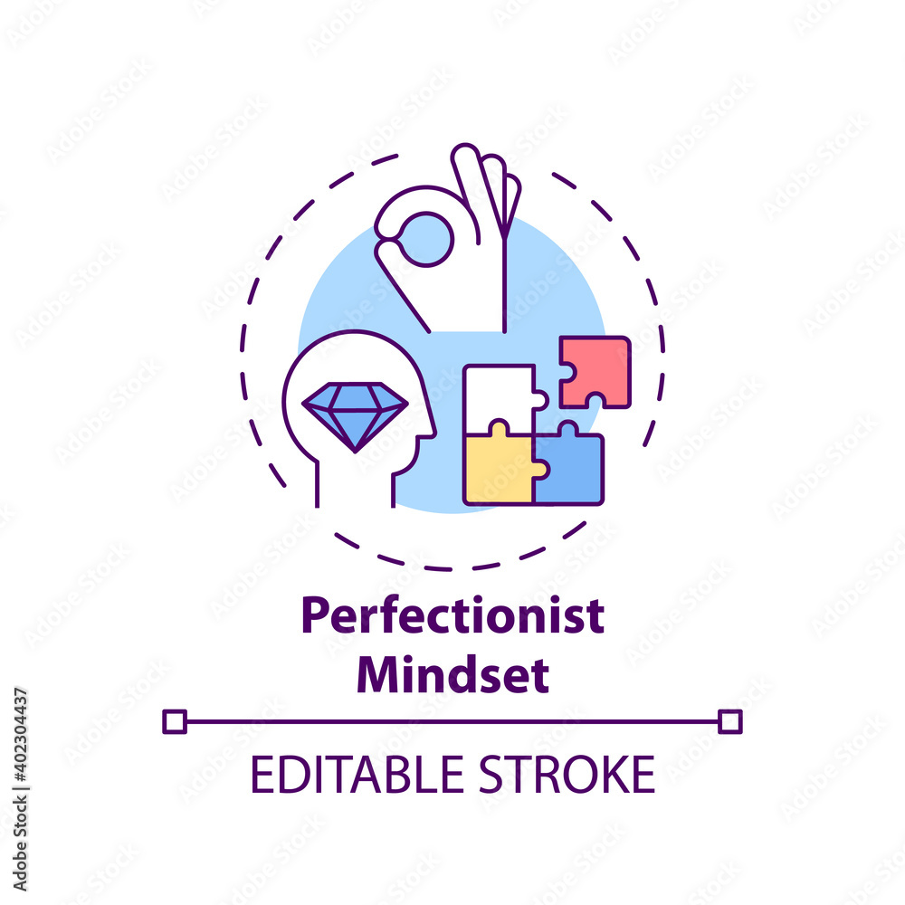 Perfectionist mindset concept icon. Procrastination reason idea thin ...